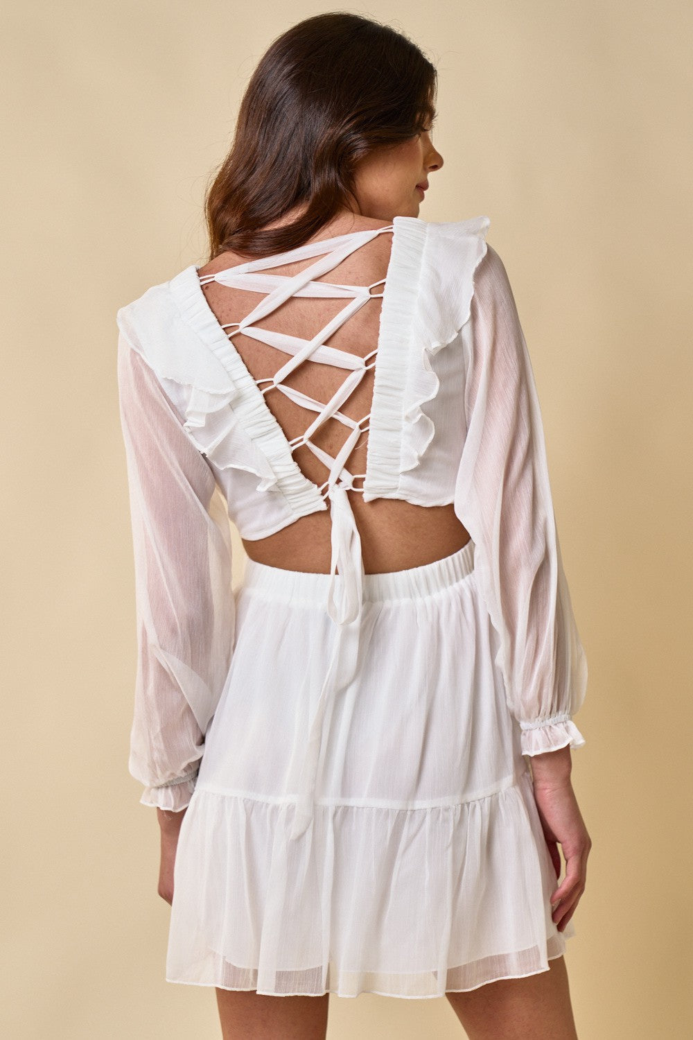 Off White Short Ruffle Long Sleeve Mini Dress for $49.99 – The Dress Outlet