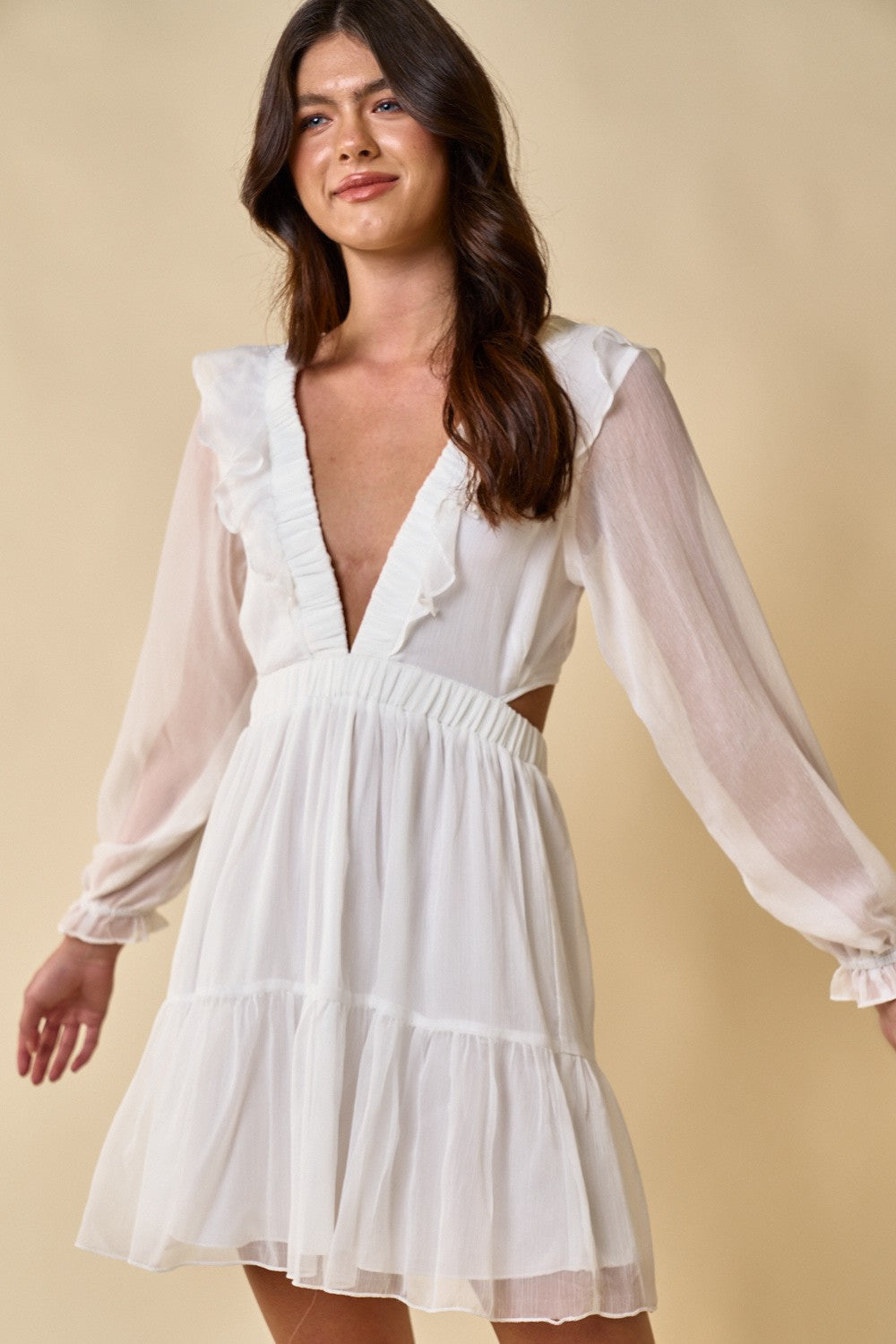 Off White Short Ruffle Long Sleeve Mini Dress for $49.99 – The Dress Outlet