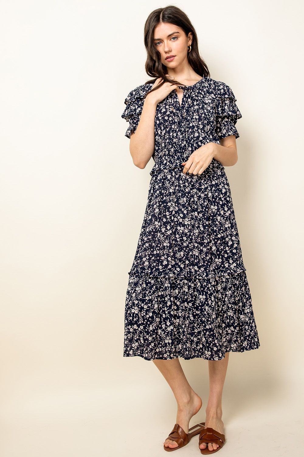 Navy Ruffle Print Midi Dress for $79.99 – The Dress Outlet
