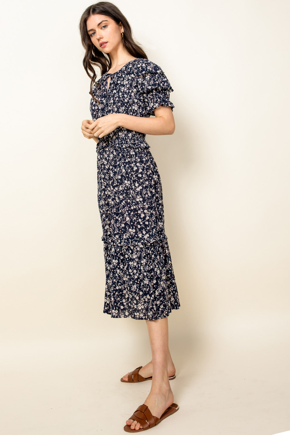 Navy Ruffle Print Midi Dress for $79.99 – The Dress Outlet