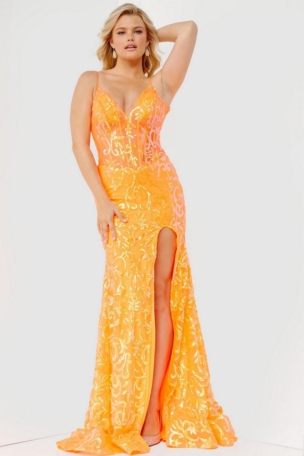 NEON ORANGE Jovani JVN23216 Long Fitted Sparkling Evening Gown for $319 ...