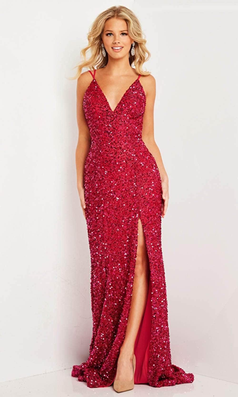Raspberry Jovani 36437 Spaghetti Strap Sequin V Neck Prom Dress For 3940 The Dress Outlet