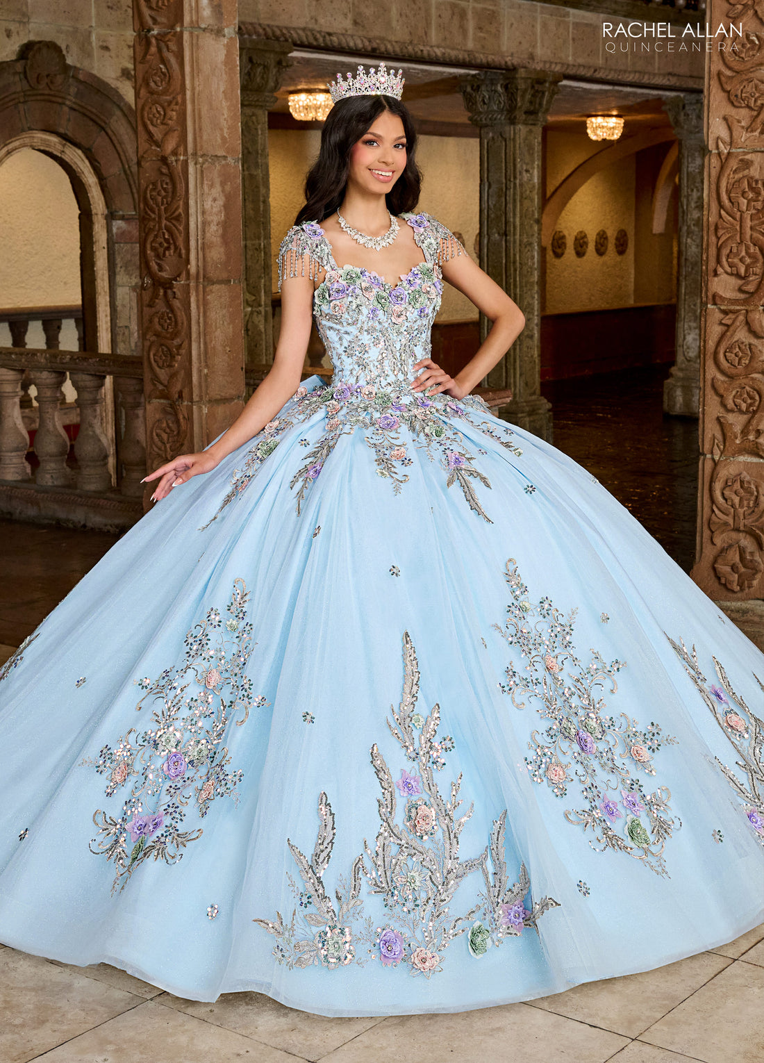 Light Blue Silver Multi Rachel Allan RQ3126 Long Quinceanera 3D Flowers ...