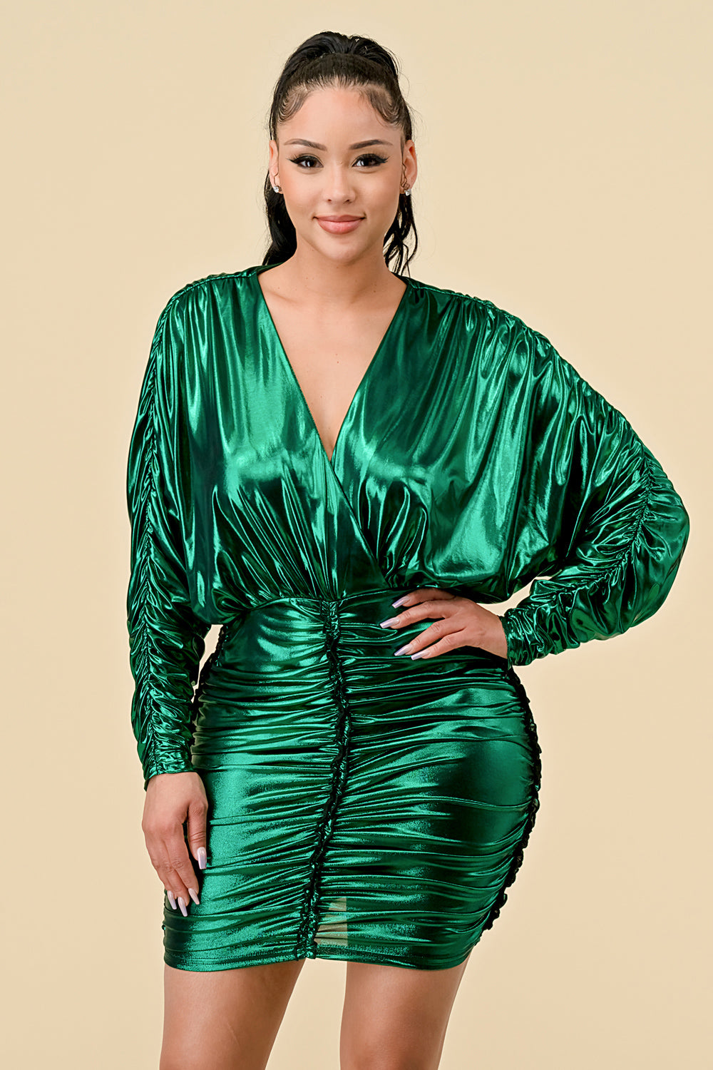 Green Short Fitted Long Sleeve Foil Ruched Mini Dress For 6499 The Dress Outlet