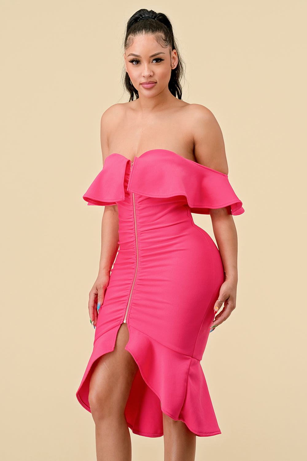 Pink High Low Ruffle Off Shoulder Dress for $69.99 – The Dress Outlet