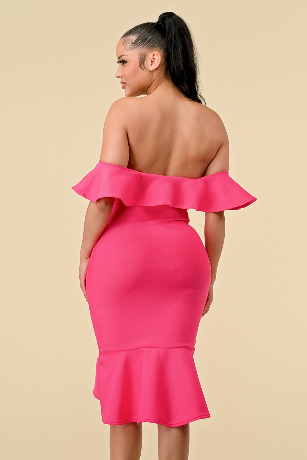 Pink High Low Ruffle Off Shoulder Dress for $69.99 – The Dress Outlet