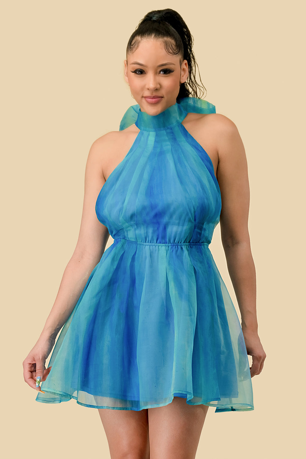 Blue/Green Ombre Halter Organza Short Dress - Formal Dresses & Gowns