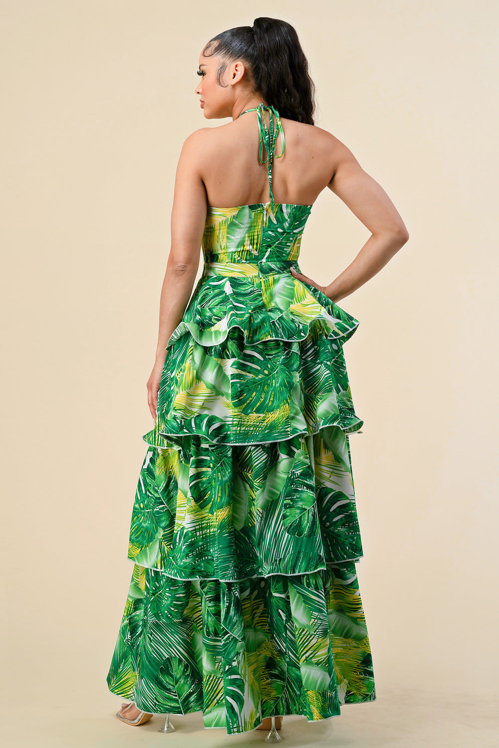 Green Combo Long Tropical Print Ruffle Halter Maxi Dress - Formal ...