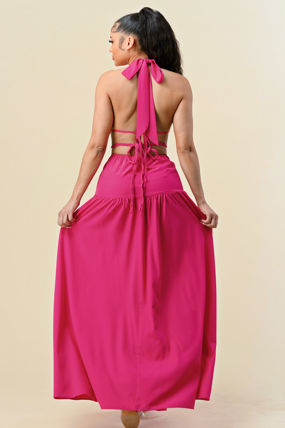 Pink Long Cut Out Slit Halter Maxi Dress for $62.99 – The Dress Outlet