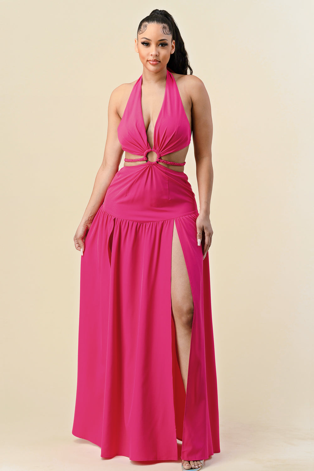 Pink Long Cut Out Slit Halter Maxi Dress for $62.99 – The Dress Outlet