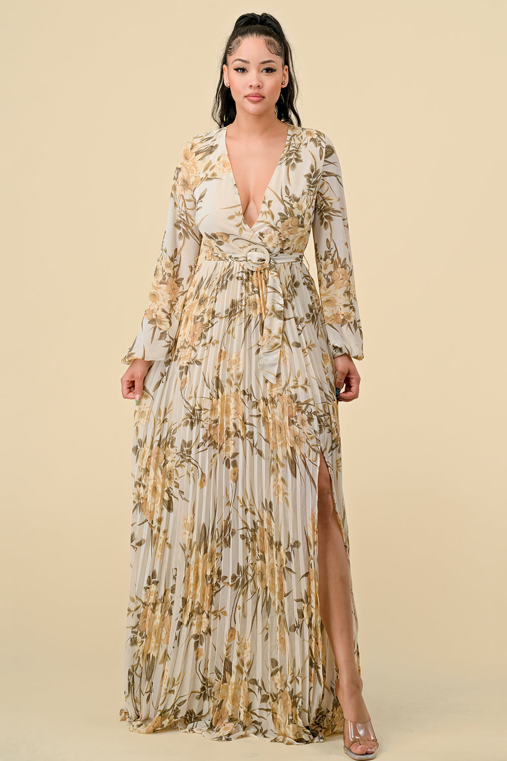 Printed Long Sleeve Pleated Maxi Dress