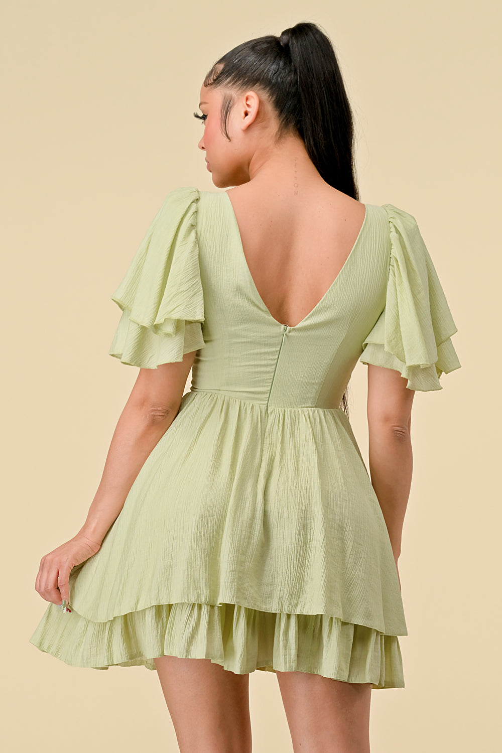 Sage Short Ruffle Sleeve V Neck Mini Dress for $49.99 – The Dress Outlet