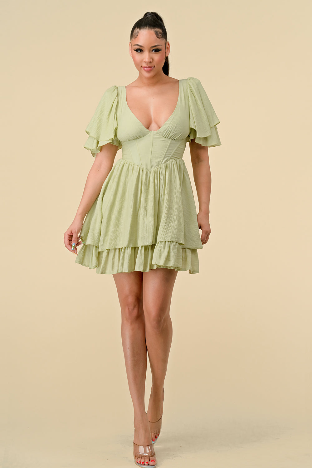 Sage Short Ruffle Sleeve V Neck Mini Dress - Formal Dresses & Gowns