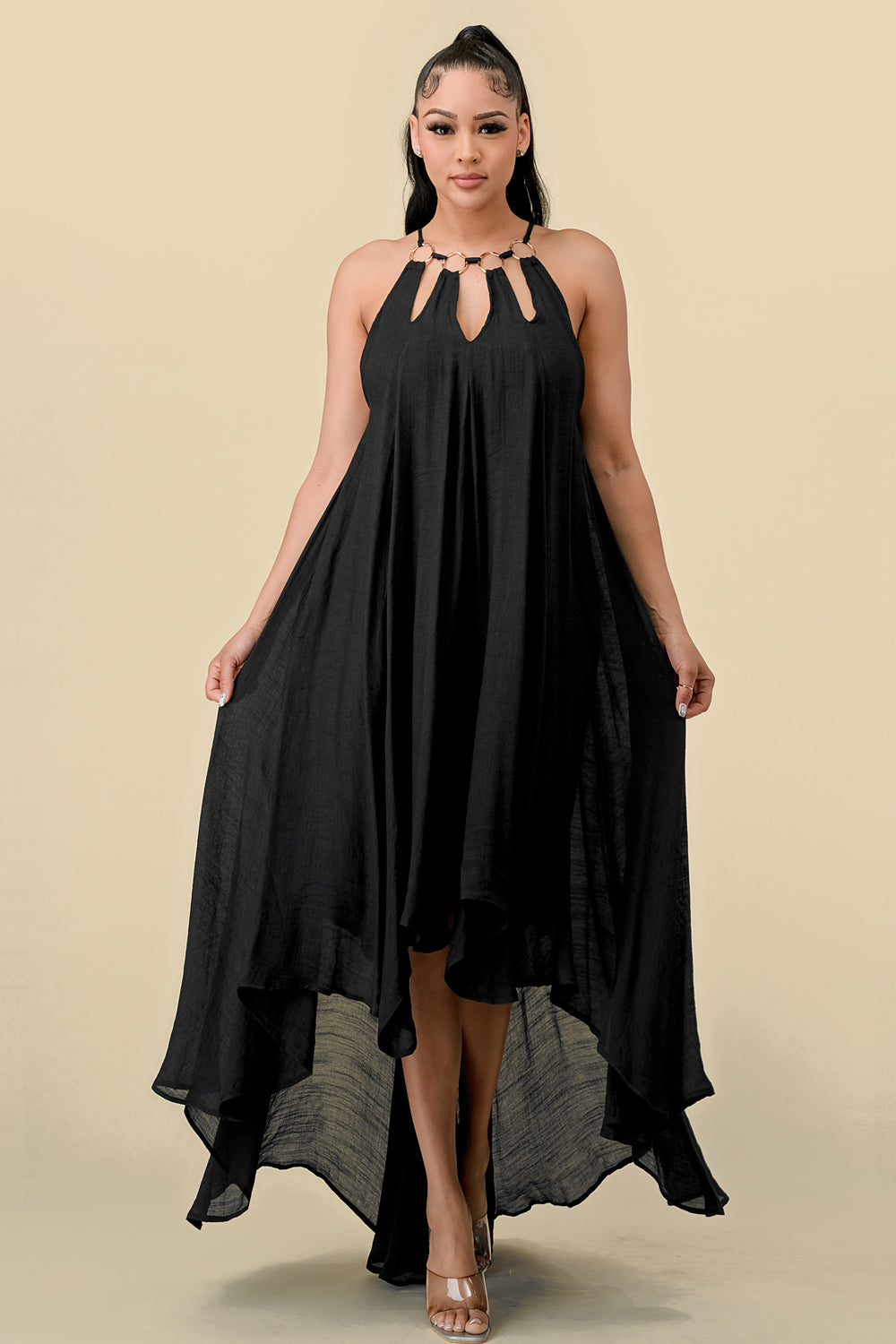 Black High Low Halter Maxi Dress - Formal Dresses & Gowns
