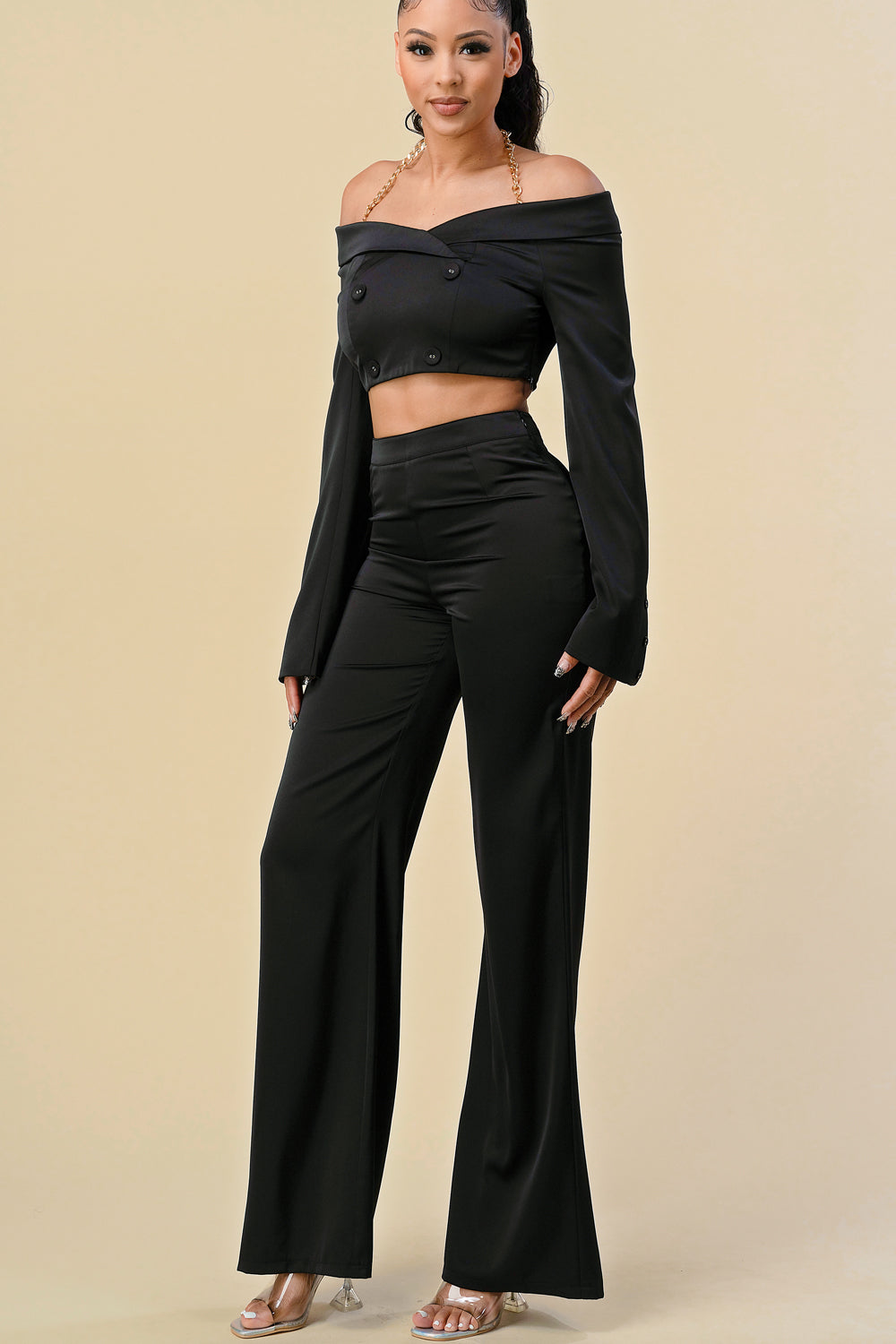 Black Off Shoulder Chain Halter Crop Jacket Pant Set for $79.99 – The ...