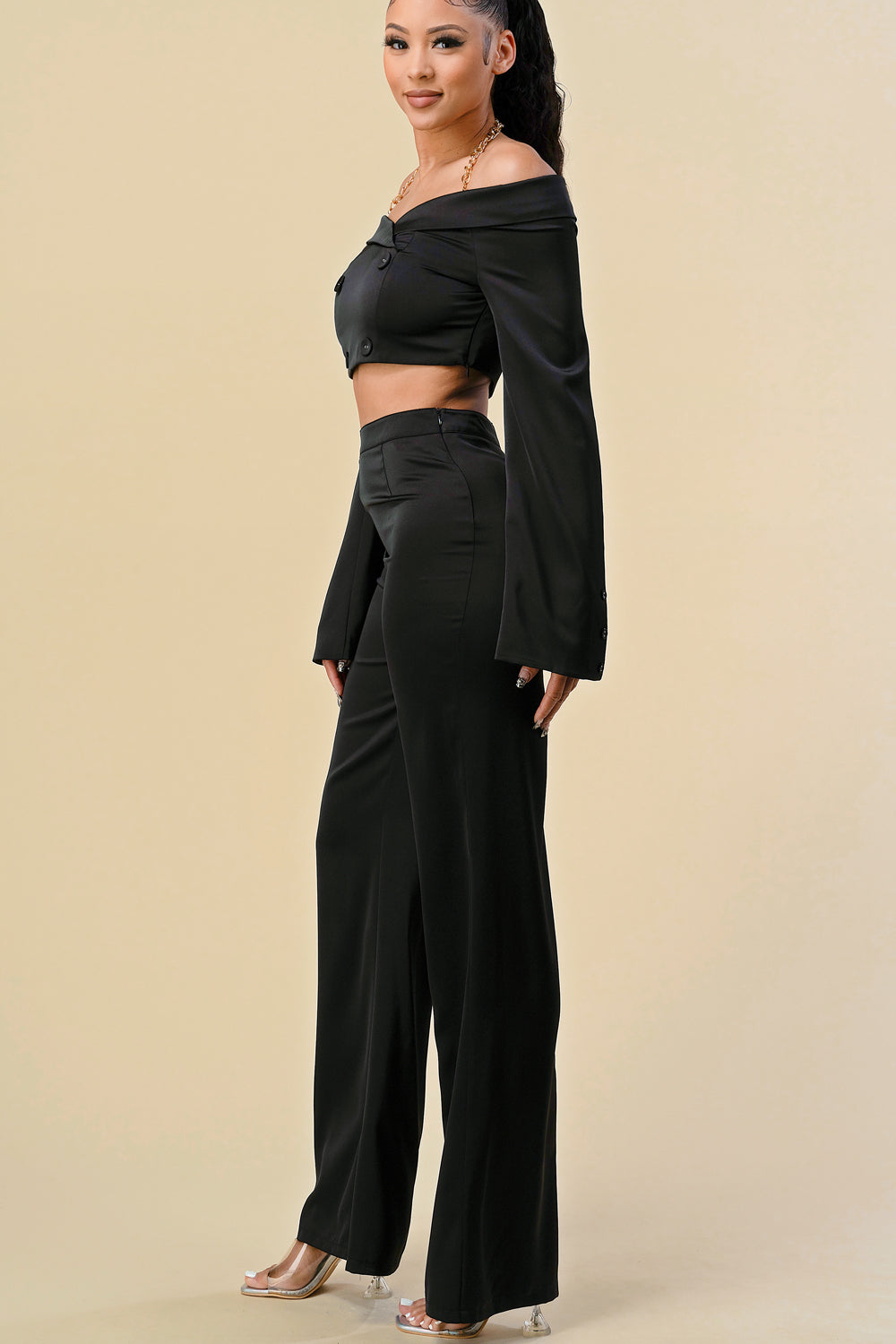 Black Off Shoulder Chain Halter Crop Jacket Pant Set for $79.99 – The ...