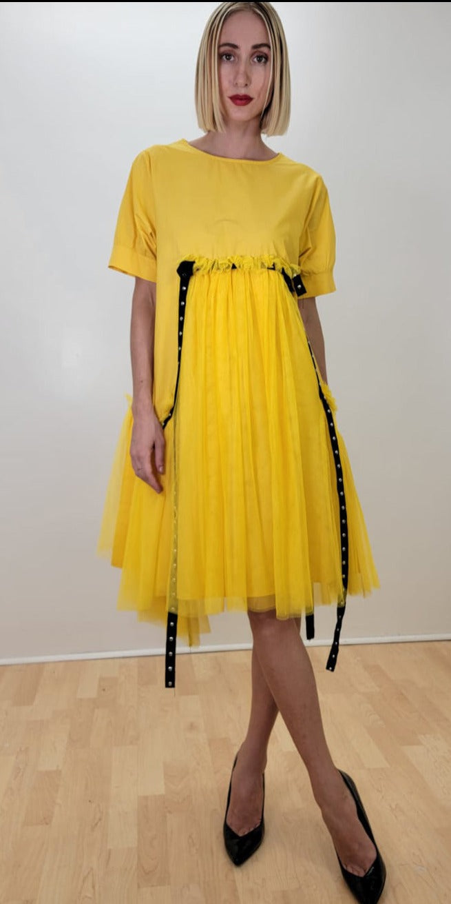 Yellow Short Sleeve Tulle Semi Formal Dress for $109.99 – The Dress Outlet