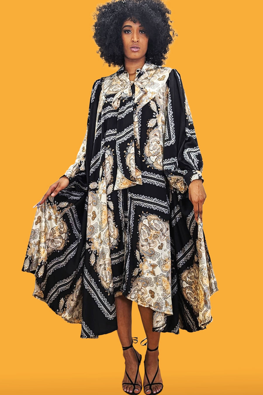 Black Long Sleeve Patterned Midi Dress for $149.99 – The Dress Outlet
