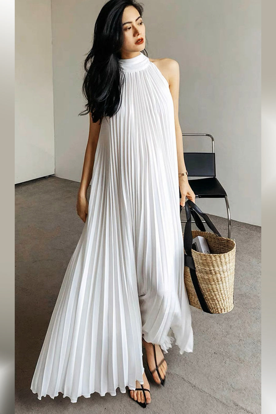 White Sleeveless Halter Pleated Long Dress for $139.99 – The Dress Outlet