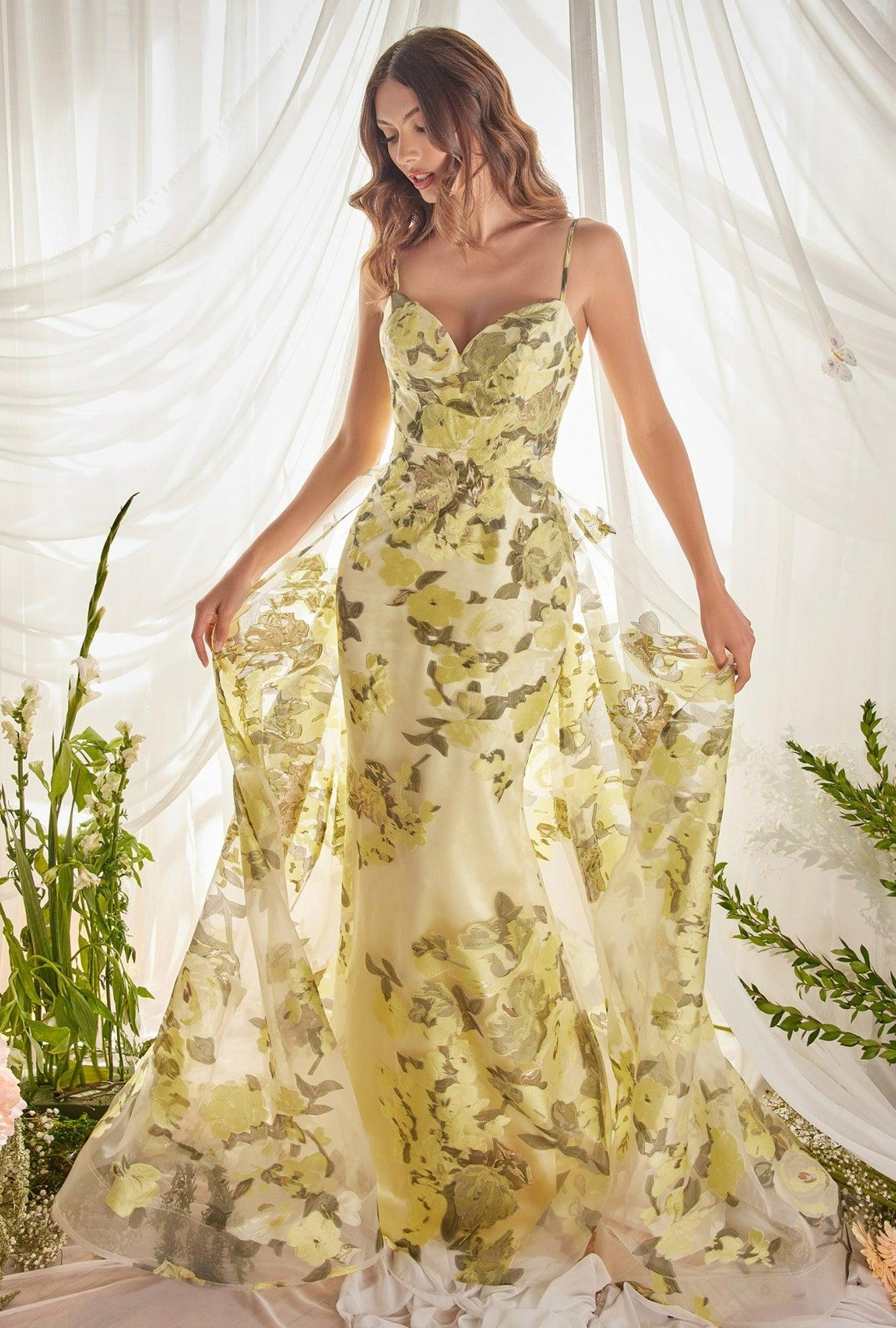 Lemon Andrea & Leo A0770 Spaghetti Strap with Organza Print Prom Dress ...