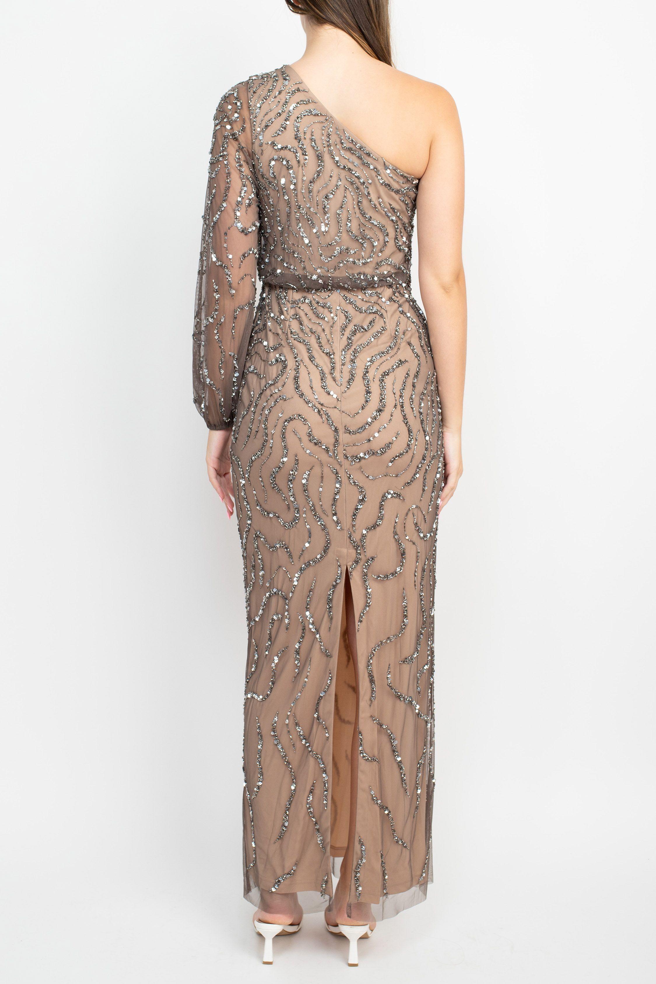 Lead Nude Adrianna Papell AP1E208694 One Shoulder Blouson Slit Back ...