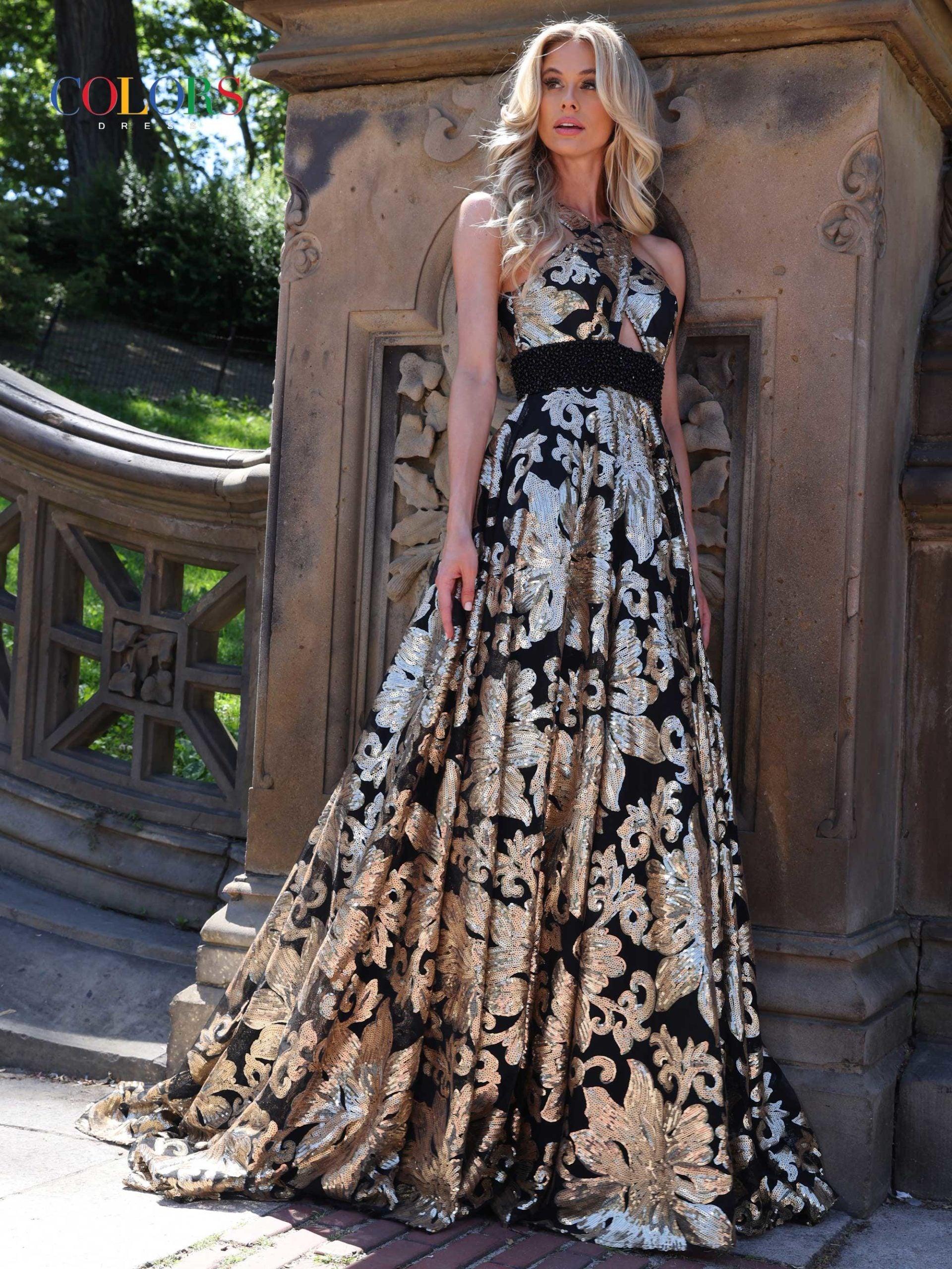 Black/Gold Colors 2918 Colors Long Sleeveless Prom Dress - Prom Dresses ...