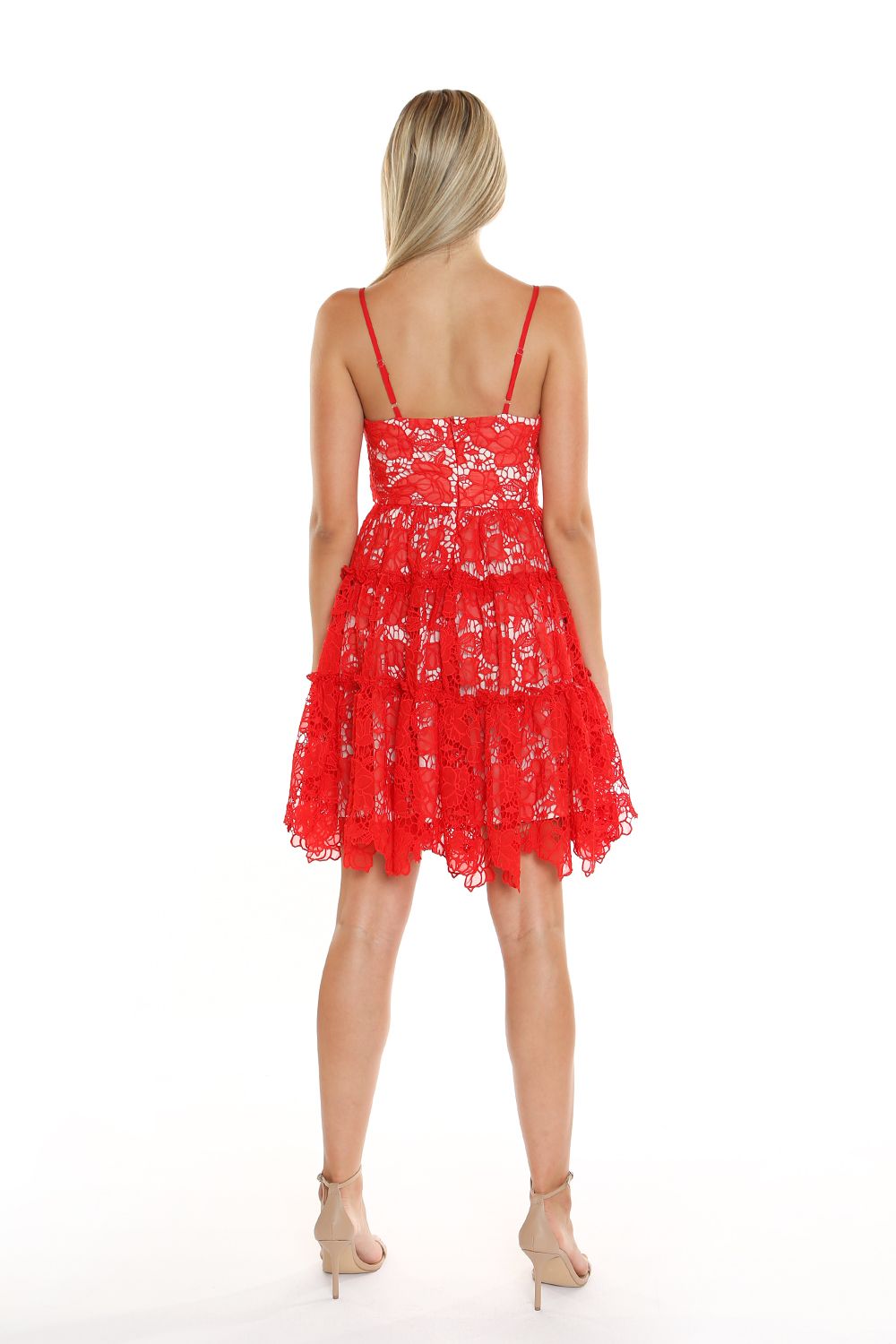 Red Short Spaghetti Strap Lace Dress for $129.99 – The Dress Outlet