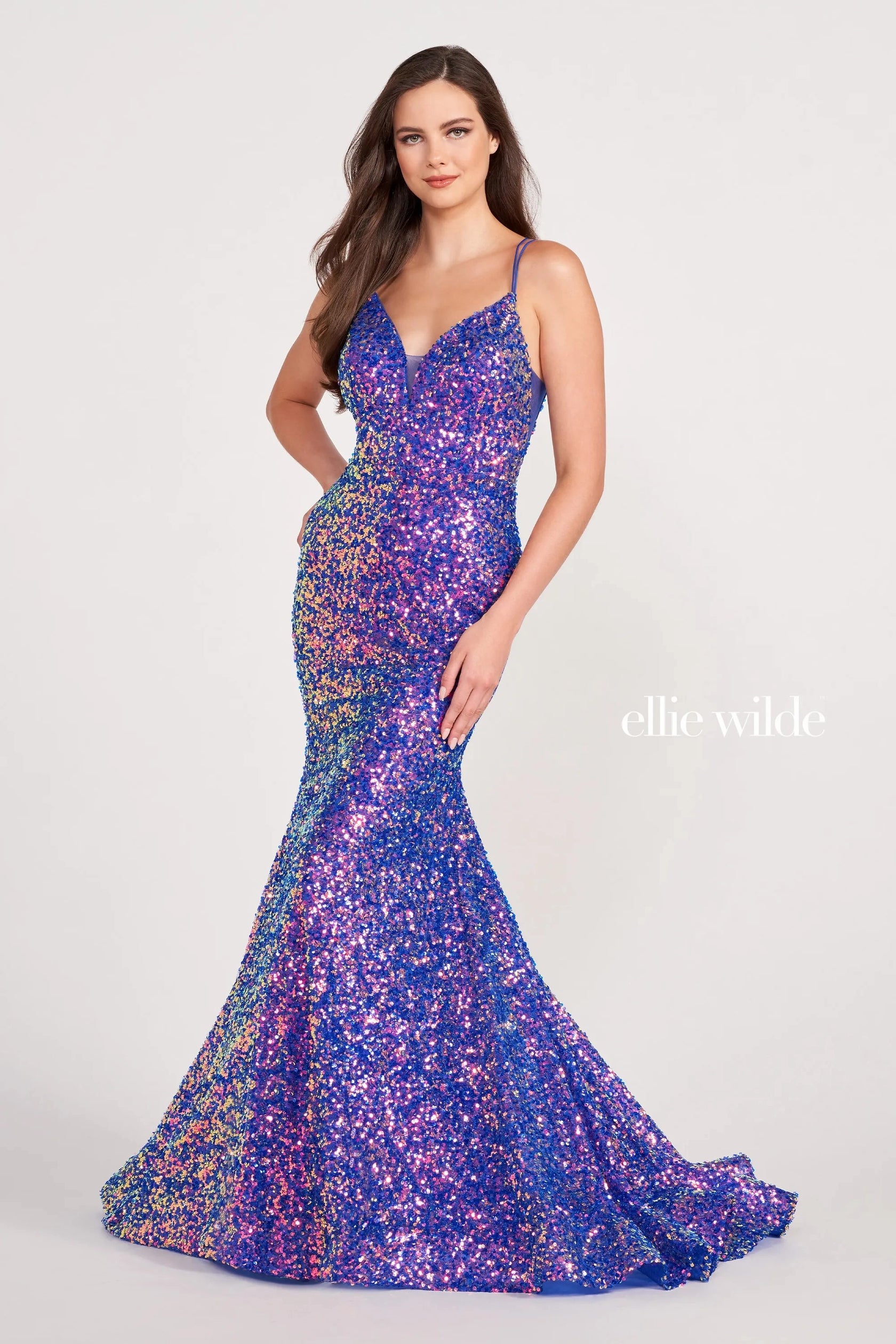 Light Blue Ellie Wilde Ew34016 Long Mermaid Sequin Formal Prom Gown For