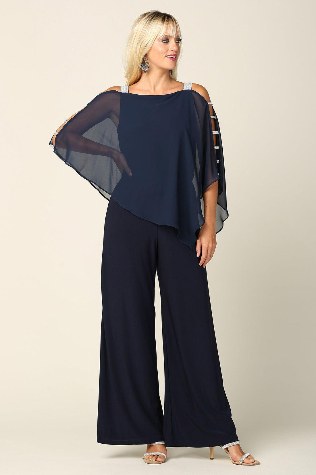 Navy Formal Chiffon Cape Overlay Jumpsuit for $135.99 – The Dress Outlet