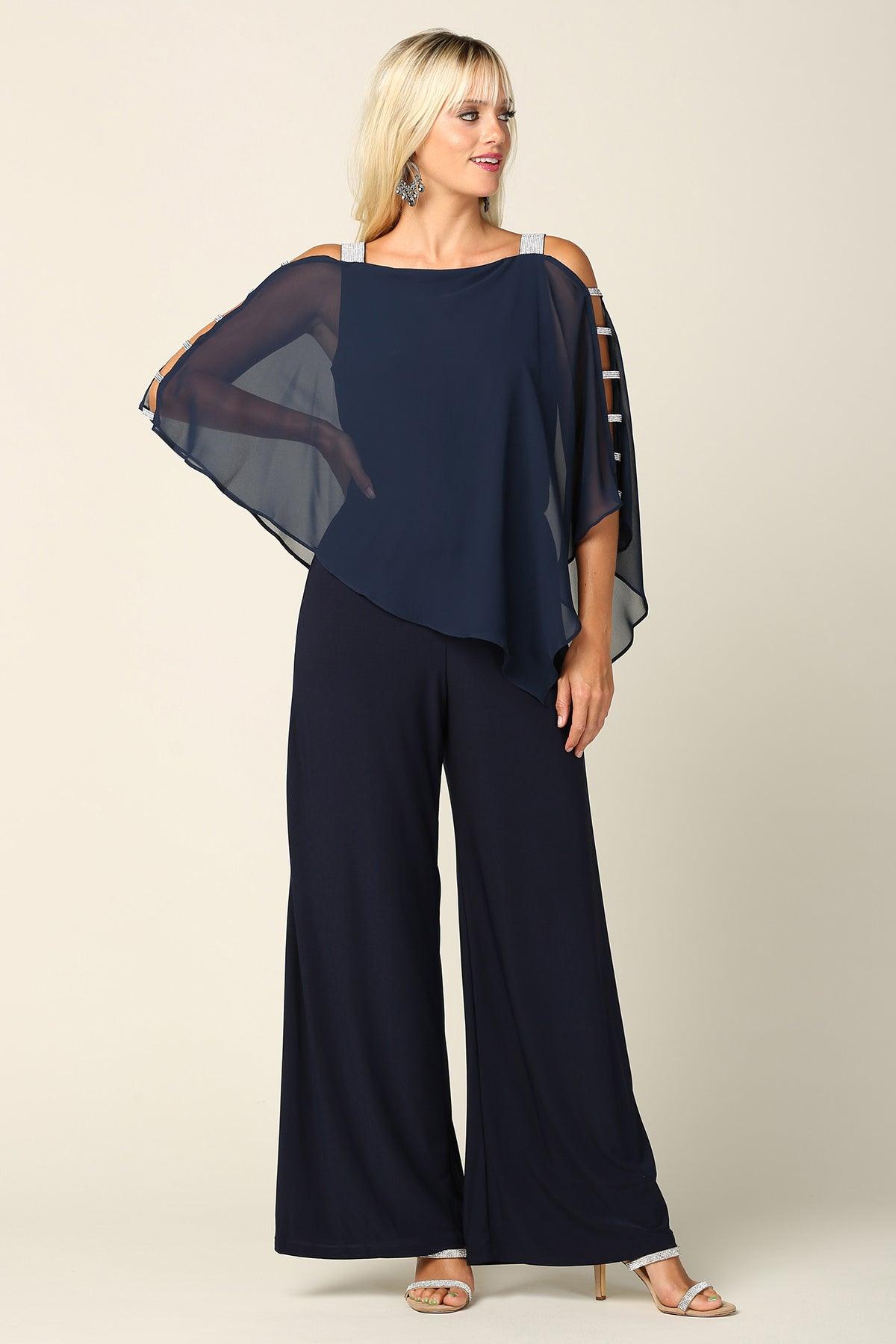Navy Formal Chiffon Cape Overlay Jumpsuit for $135.99 – The Dress Outlet