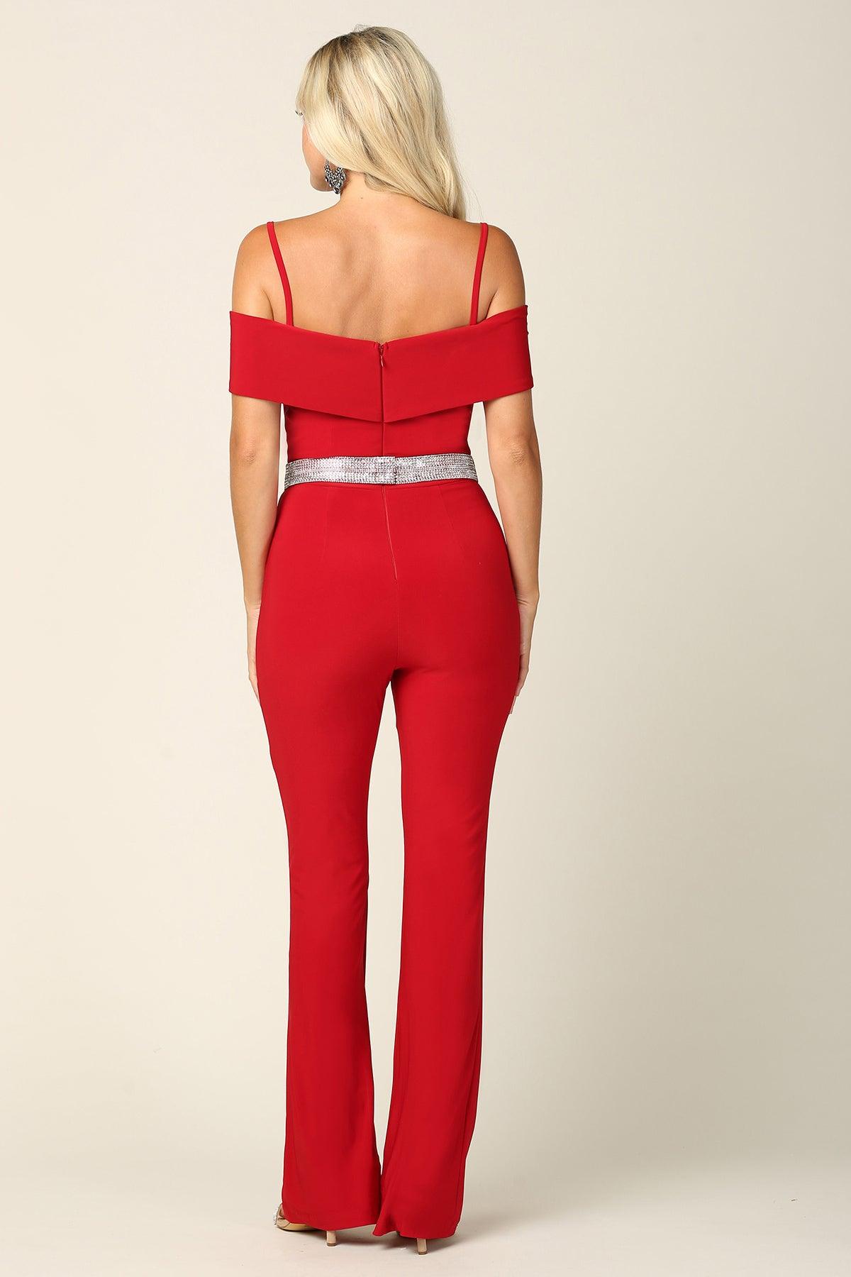 Red Formal Off Shoulder Fitted Jumpsuit for $101.99 – The Dress Outlet