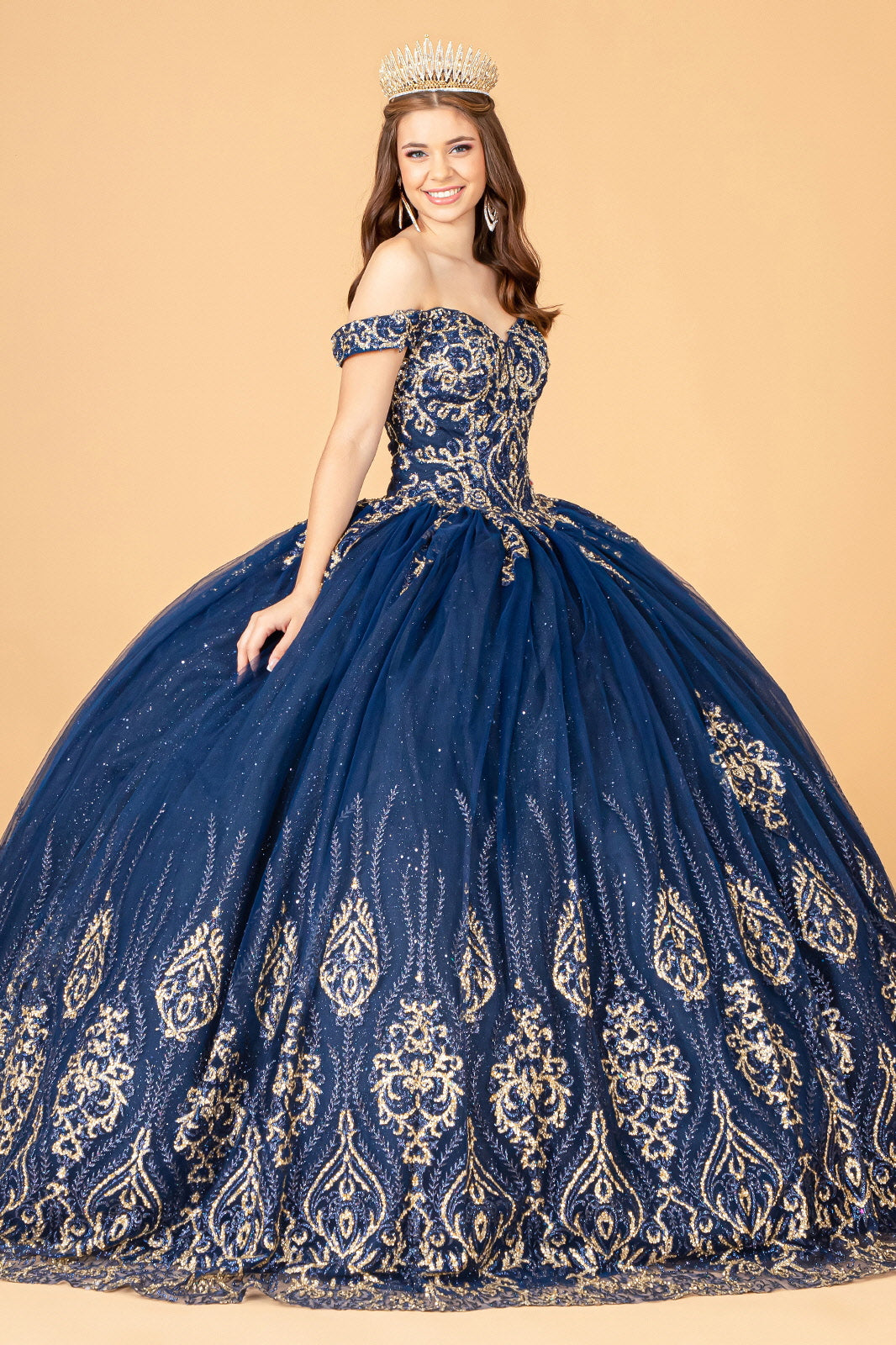 Navy Off Shoulder Long Sweet 16 Ball Gown for $867.0 – The Dress Outlet