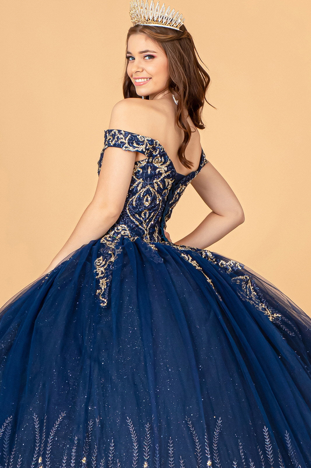 Navy Off Shoulder Long Sweet 16 Ball Gown for $867.0 – The Dress Outlet