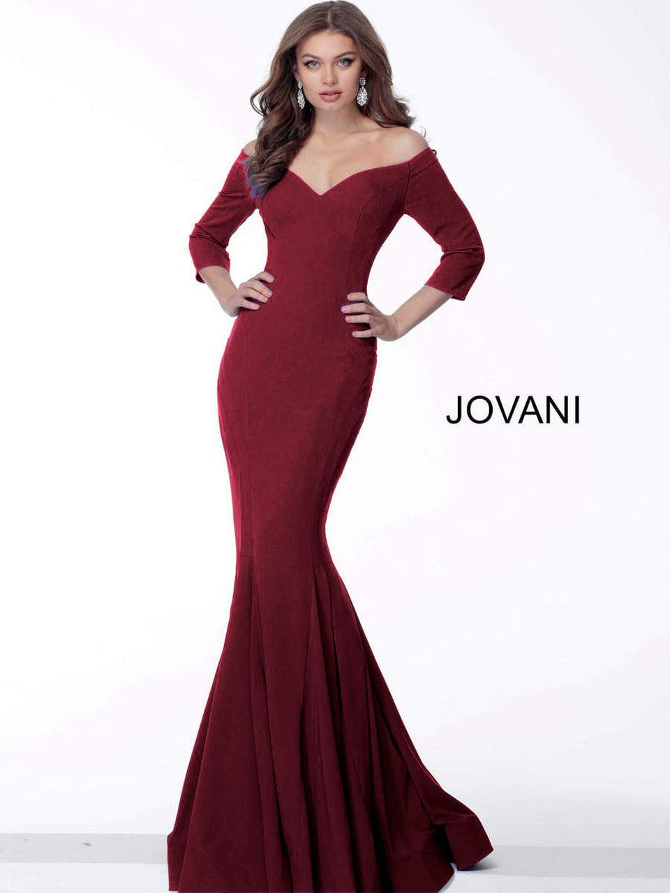 Burgundy Jovani 68008 Off Shoulder Mermaid Long Evening Gown for $310.99 – The Dress Outlet
