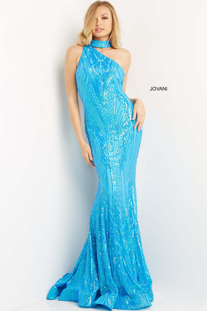 Turquoise Jovani 08338 One Shoulder Choker Long Prom Dress for $402.99 ...