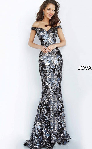 Black/Gunmetal Jovani 63516 Prom Long Off the Shoulder Formal Gown for $700.0 – The Dress Outlet