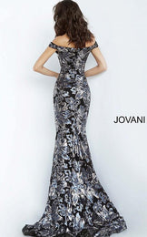 Black/Gunmetal Jovani 63516 Prom Long Off the Shoulder Formal Gown for $700.0 – The Dress Outlet