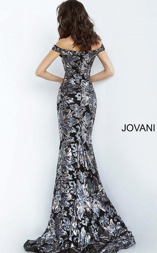 Black/Gunmetal Jovani 63516 Prom Long Off the Shoulder Formal Gown for $700.0 – The Dress Outlet