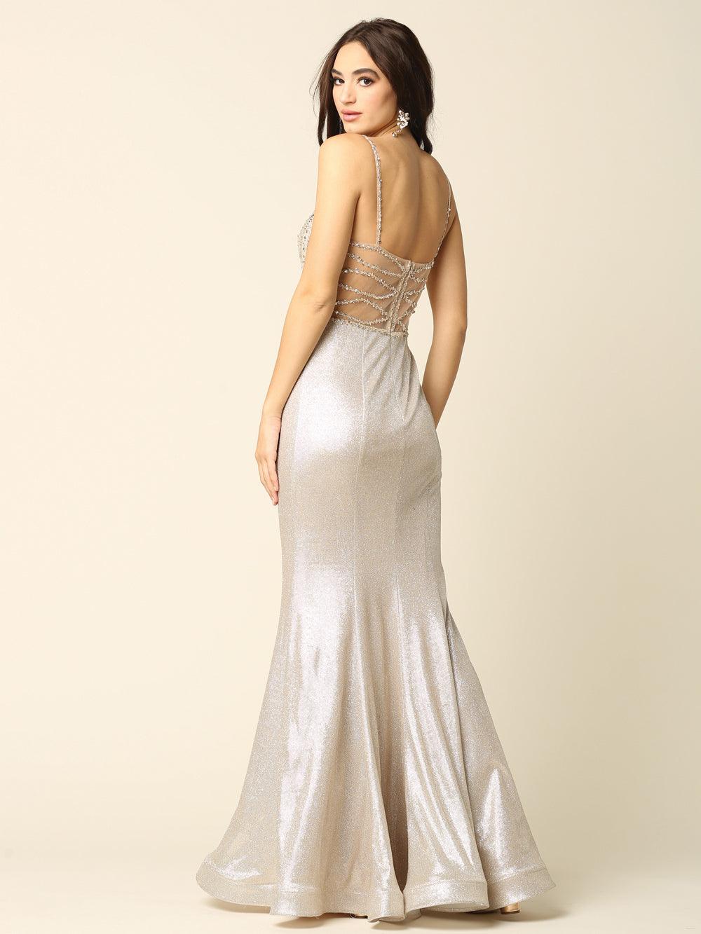 Aqua Long Formal Spaghetti Strap Metallic Prom Dress - Prom Dresses & Gowns