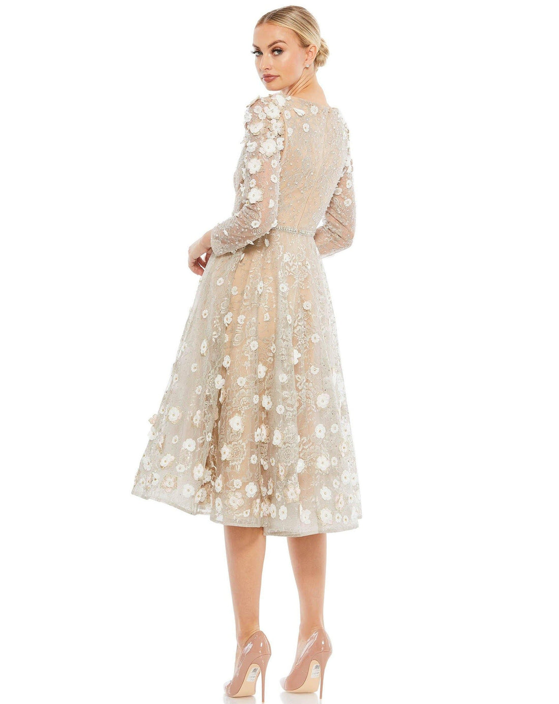 Beige Blush Mac Duggal 67387 Long Sleeve Floral Cocktail Dress for $199 ...