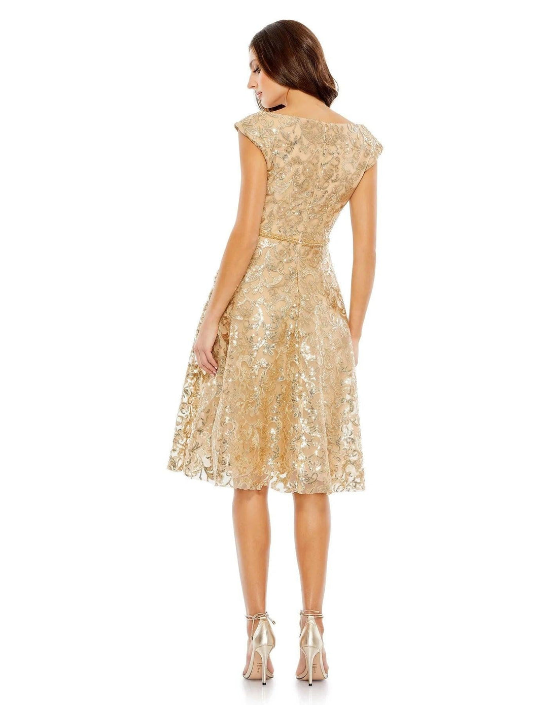 Gold Mac Duggal 68012 Short Sleeve Midi Dress for $149.0 – The Dress Outlet