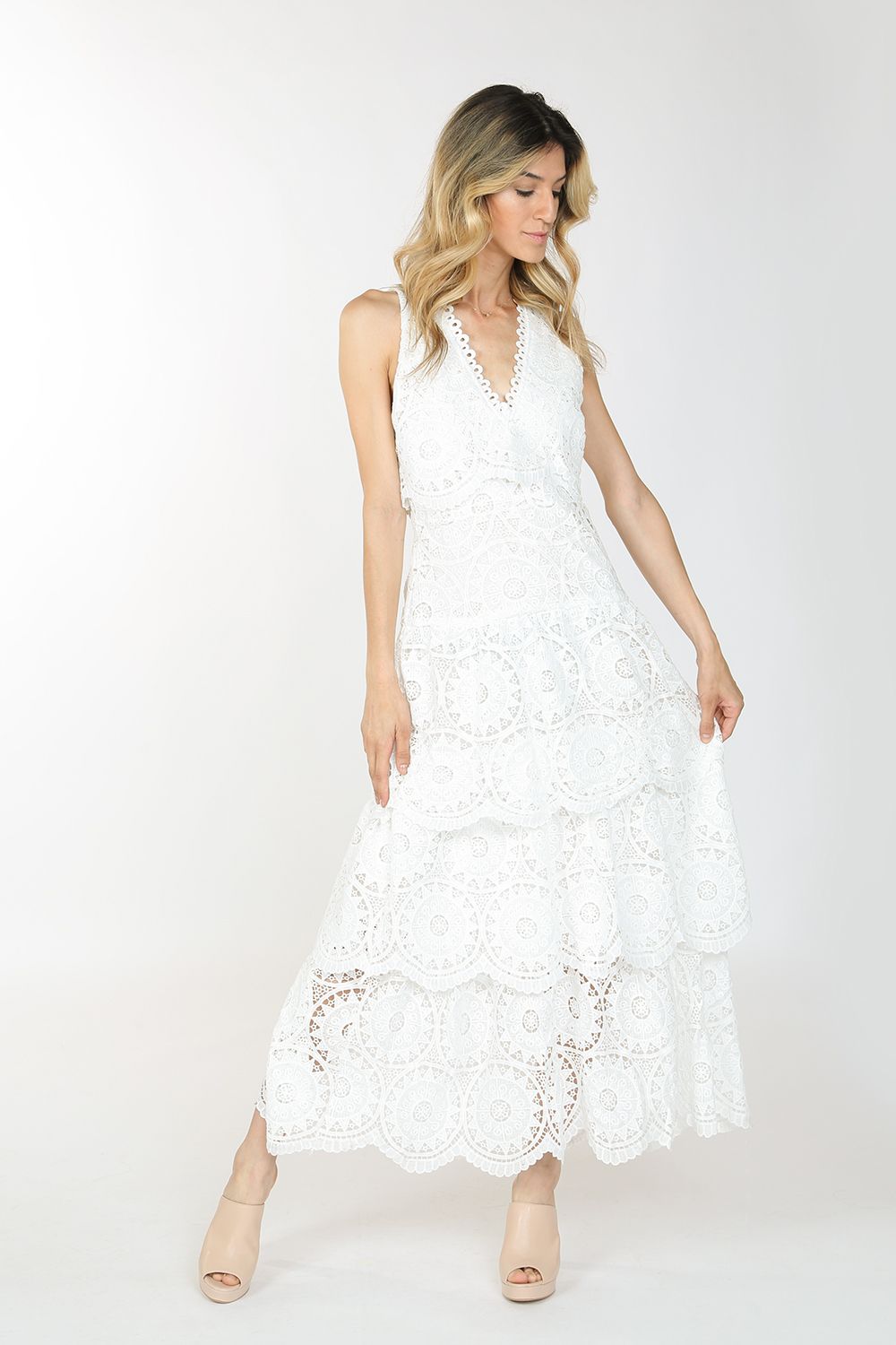 White Long Sleeveless V Neck Lace Dress for $149.99 – The Dress Outlet
